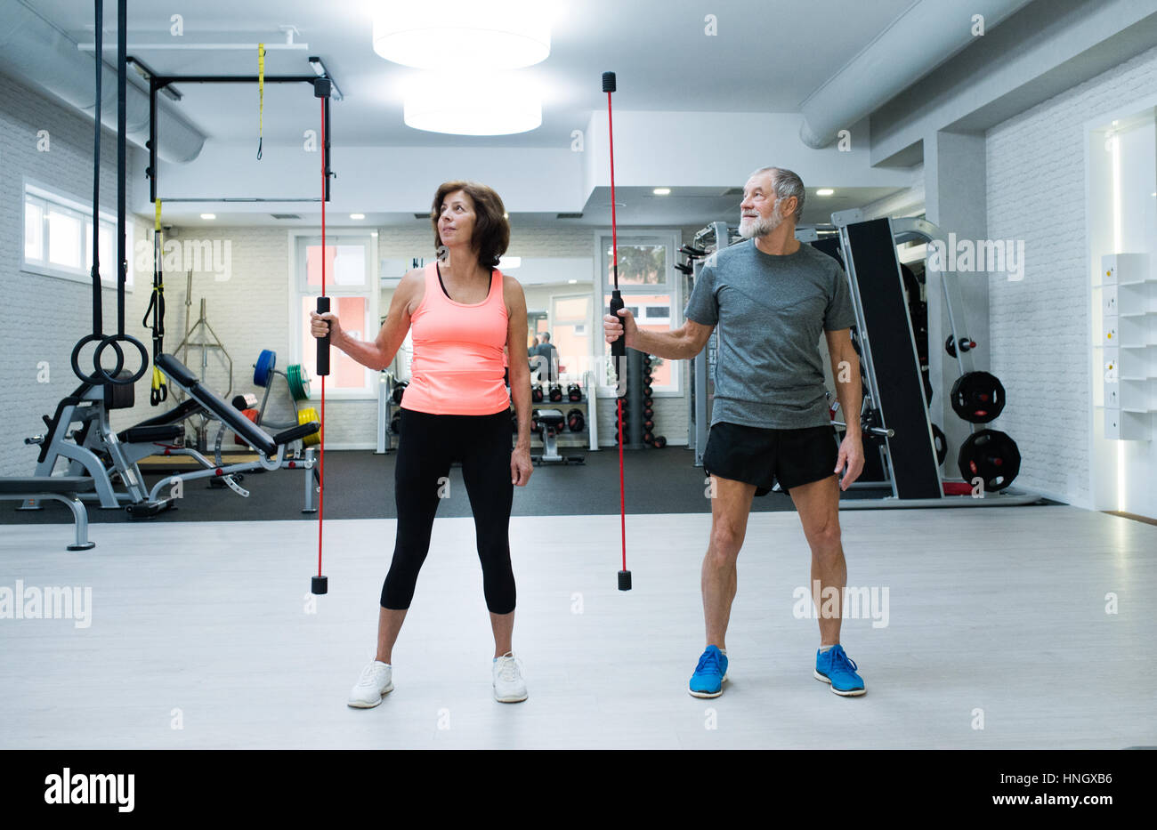 Senior couple in gym working out with vibration bars Stock Photo - Alamy