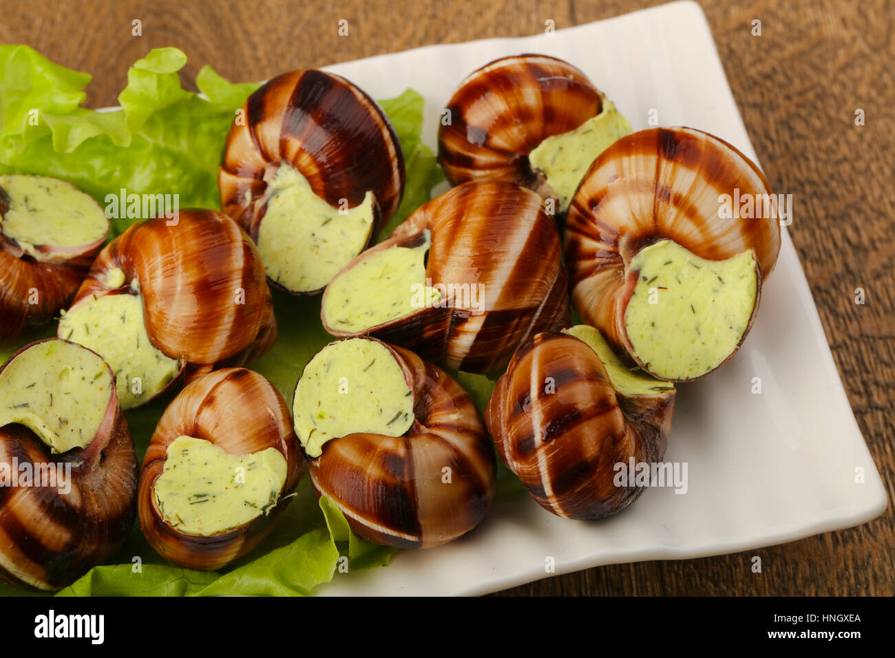 Escargot with cheese cream on salad leaves Stock Photo - Alamy