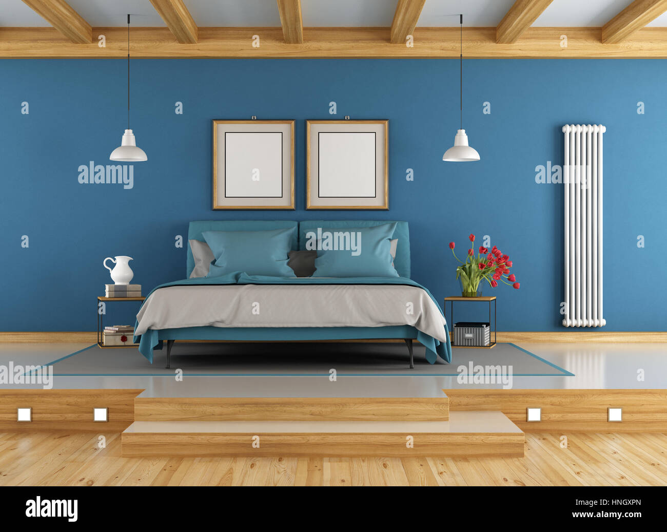 Two level bedroom with double bed and blue wall - 3d rendering Stock ...