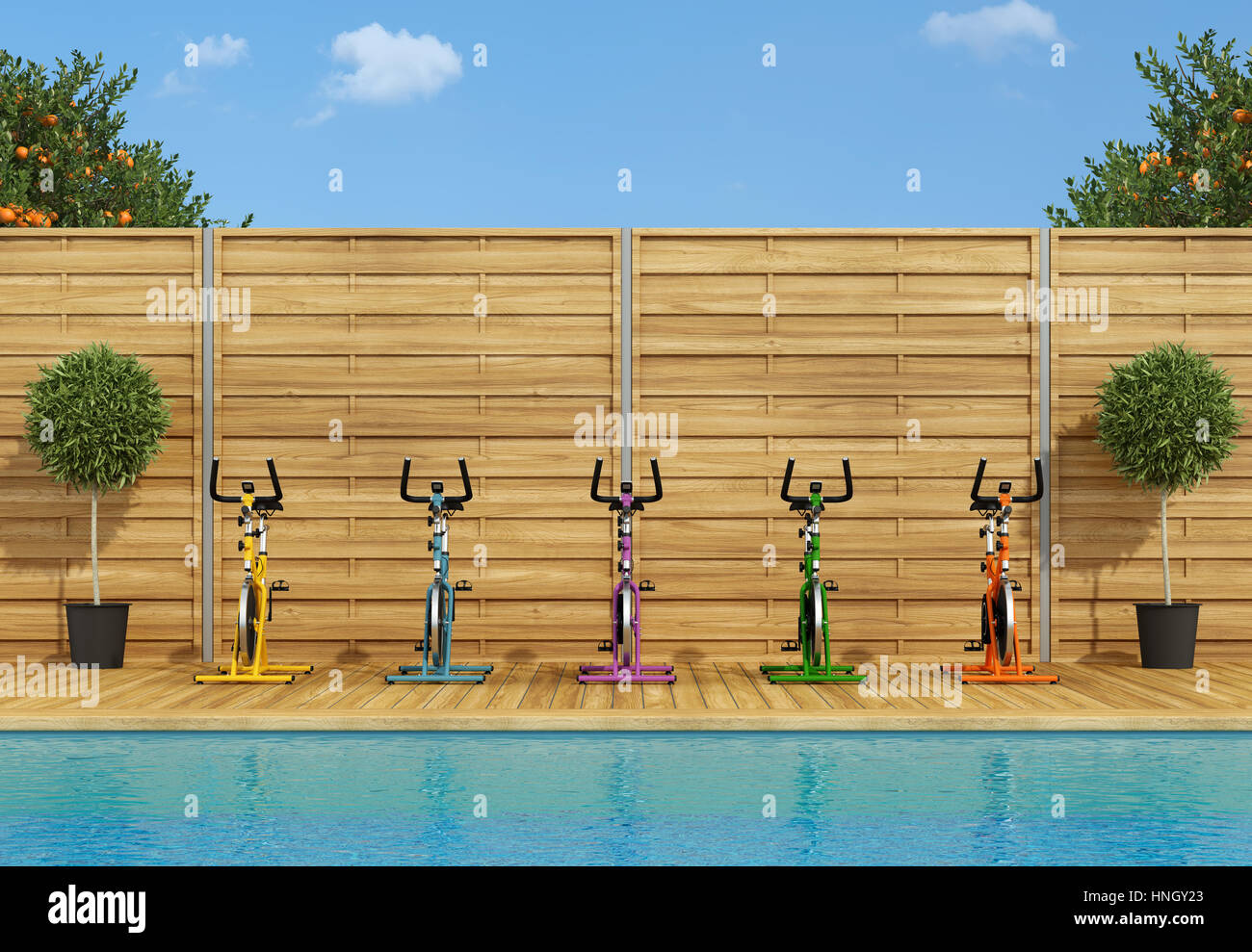 Swimming pool with colorful spinning bike poolside - 3d rendering Stock ...