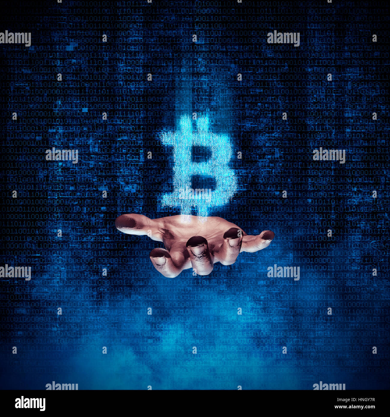Binary bitcoin hand / 3D illustration of glowing bitcoin symbol formed by binary digits floating ...