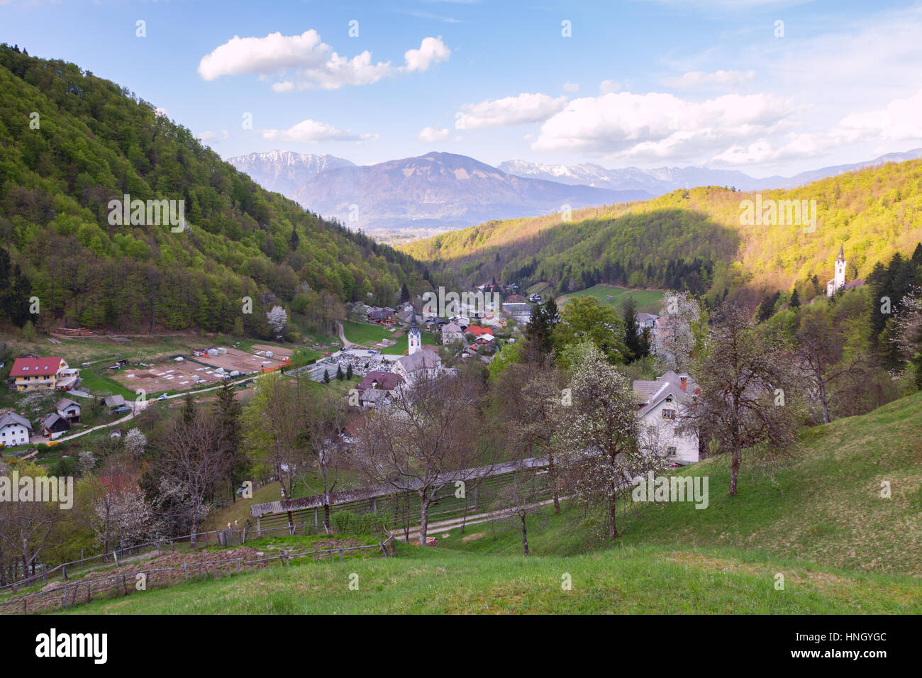 Typical mountain landscape and village in Slovenia,Europe Stock Photo ...