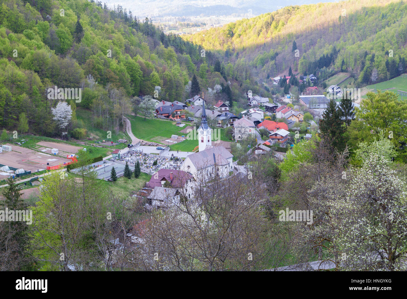Typical mountain landscape and village in Slovenia,Europe Stock Photo ...