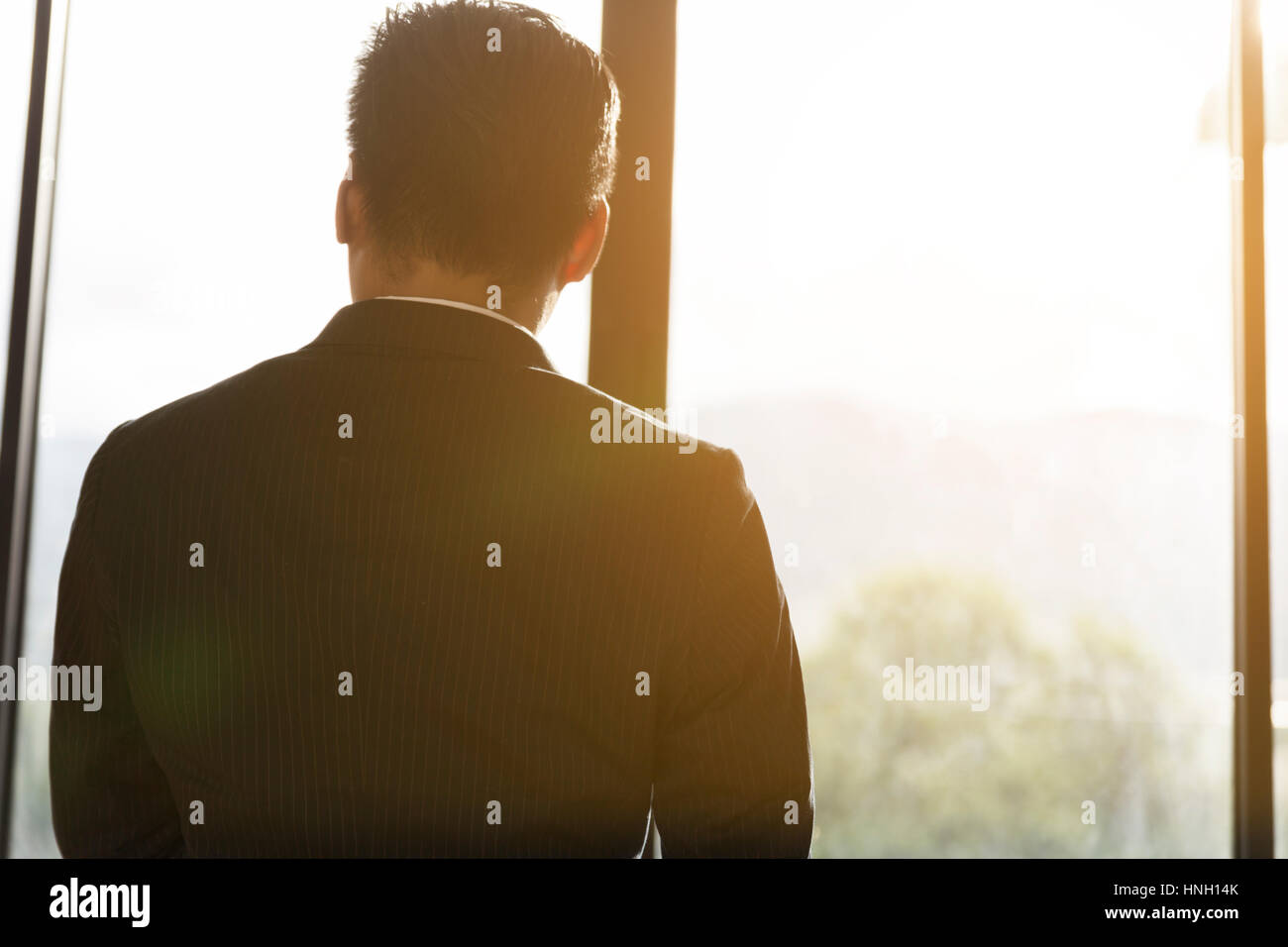 back of businessman in suit looking out through office window Stock ...
