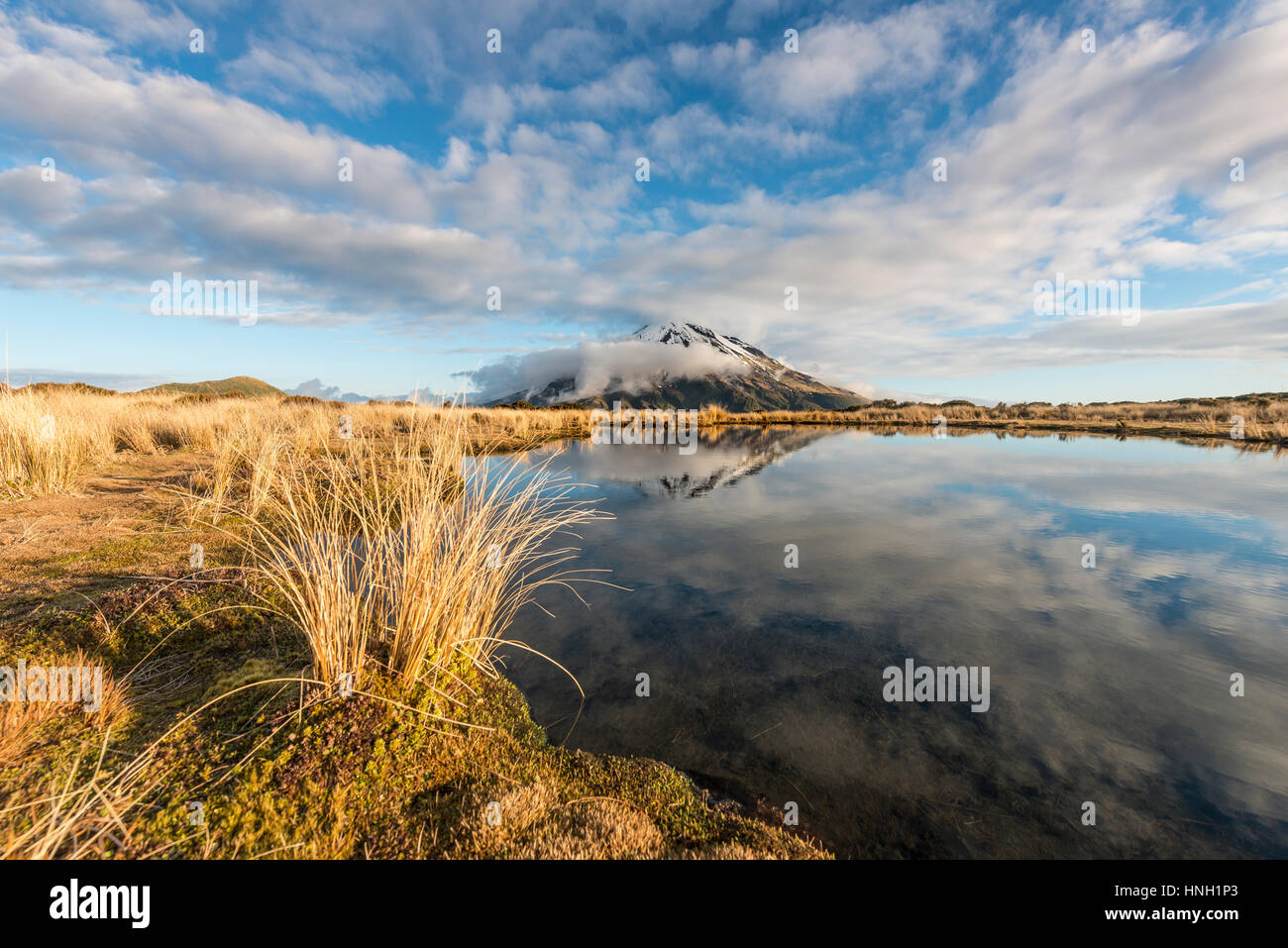 Reflection in Pouakai Tarn, stratovolcano Mount Taranaki or Mount ...