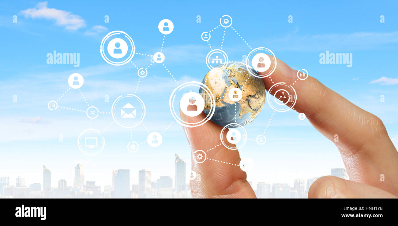 Female hand holding Earth planet presenting connection technologies ...