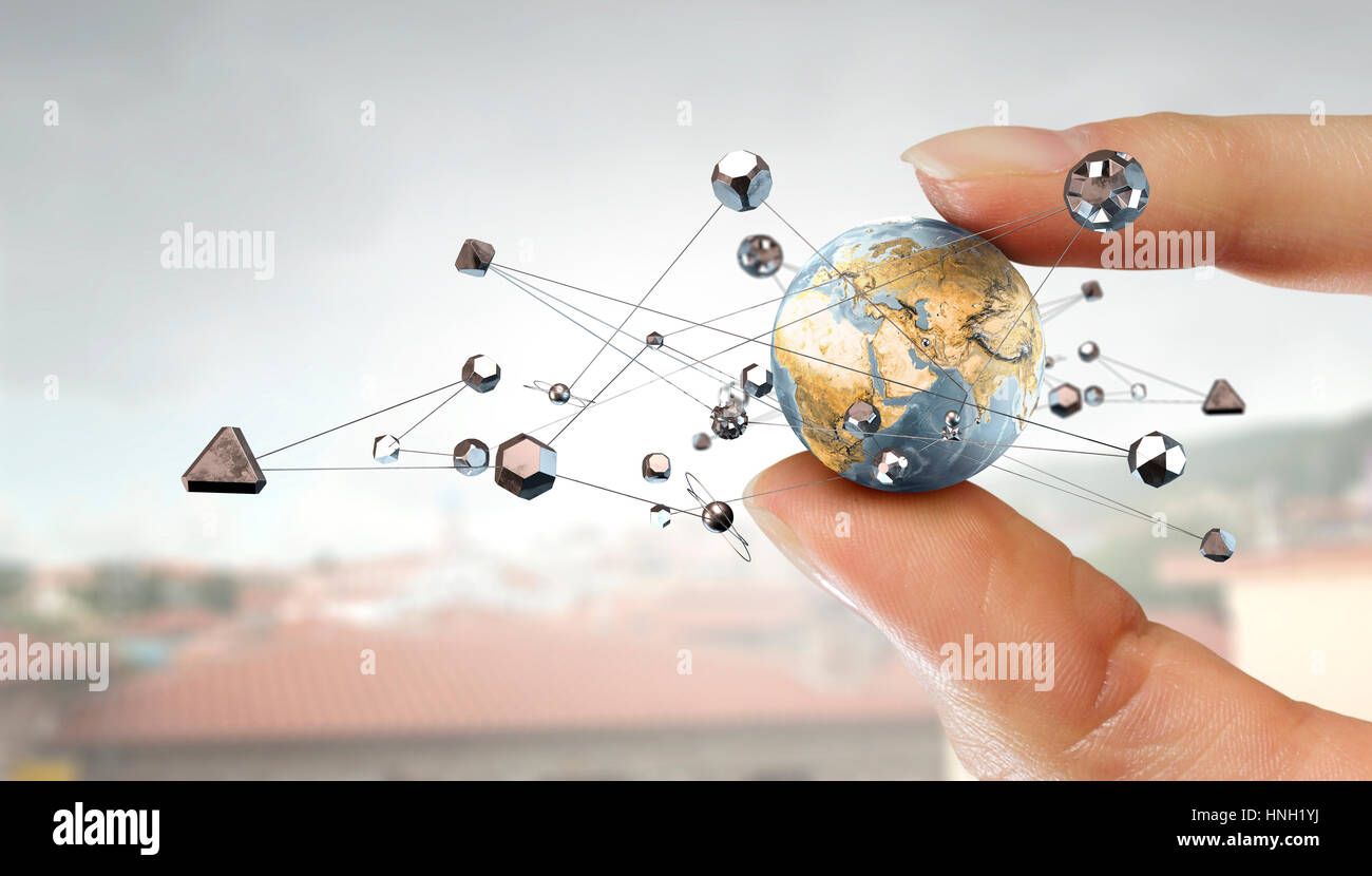 Female hand holding Earth planet presenting connection technologies ...