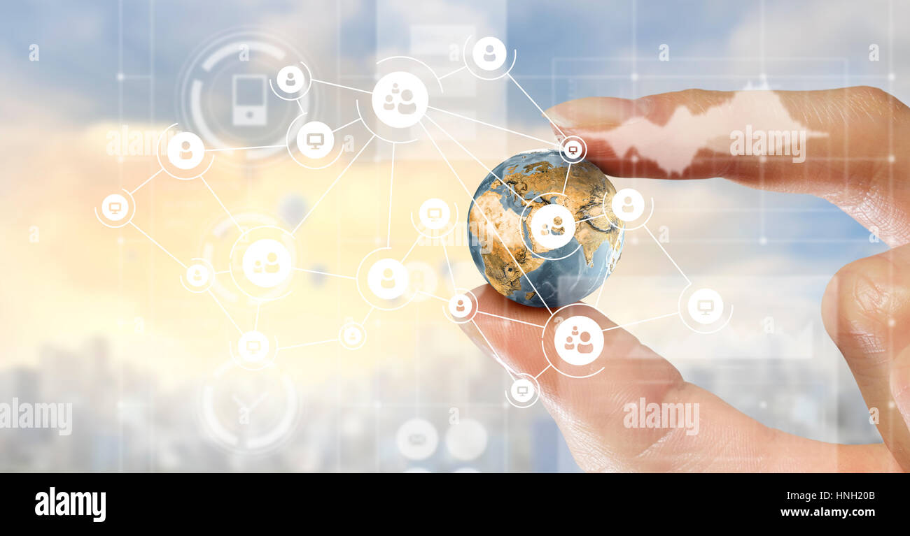 Female hand holding Earth planet presenting connection technologies ...