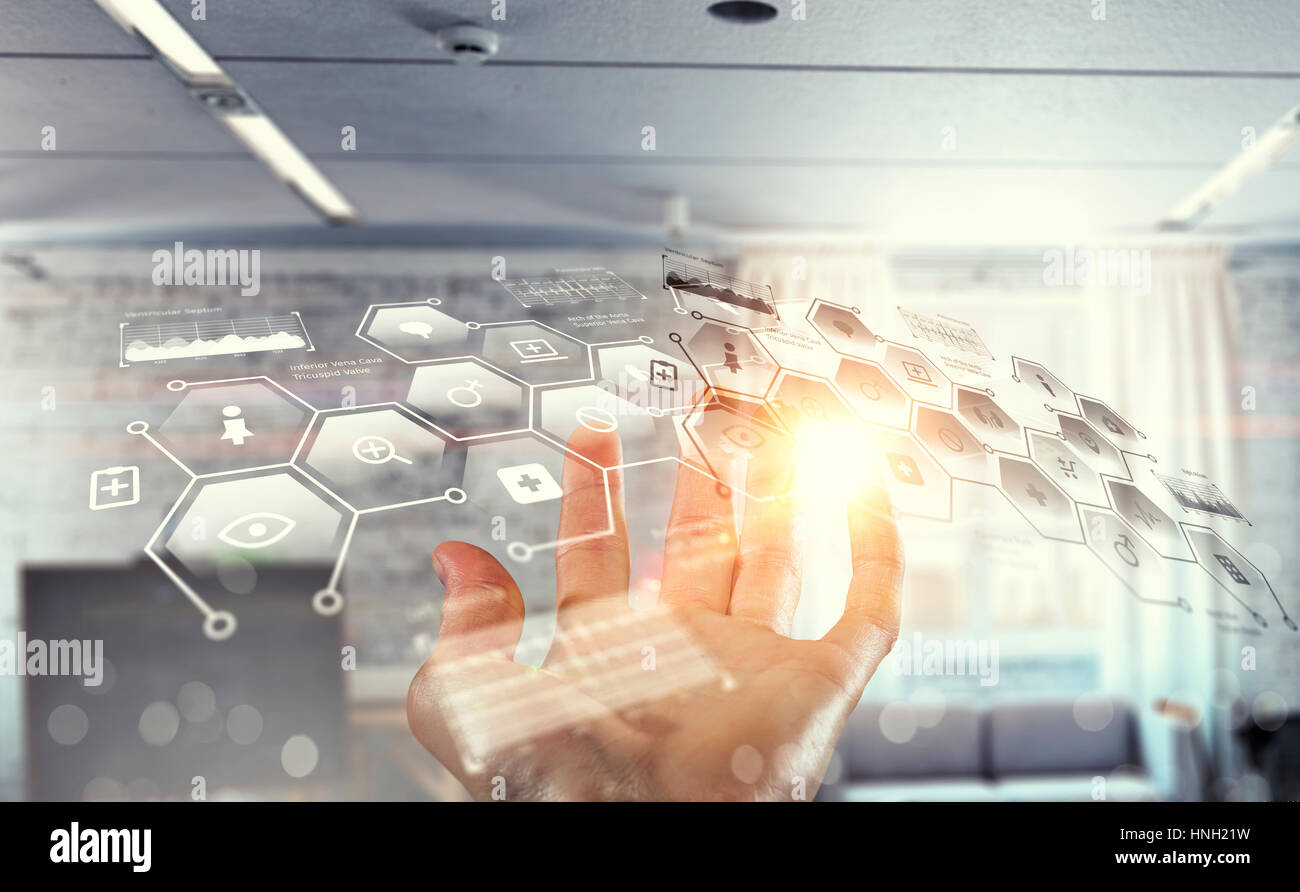 Woman hand showing in palm digital connection concept. 3D rendering ...