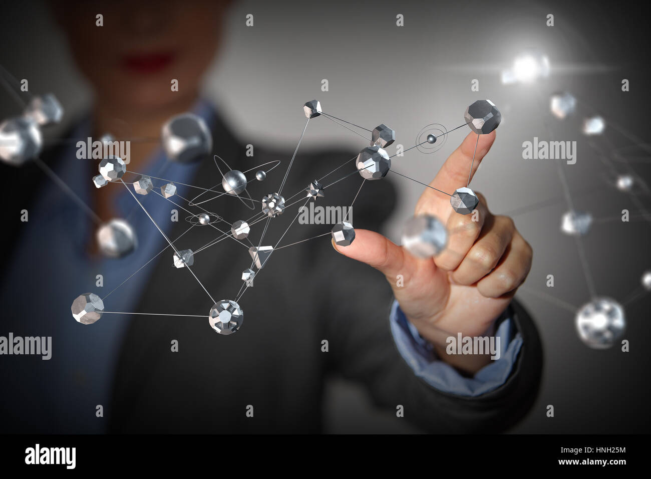 Businesswoman hand demonstrating digital connection lines in palm. 3D ...