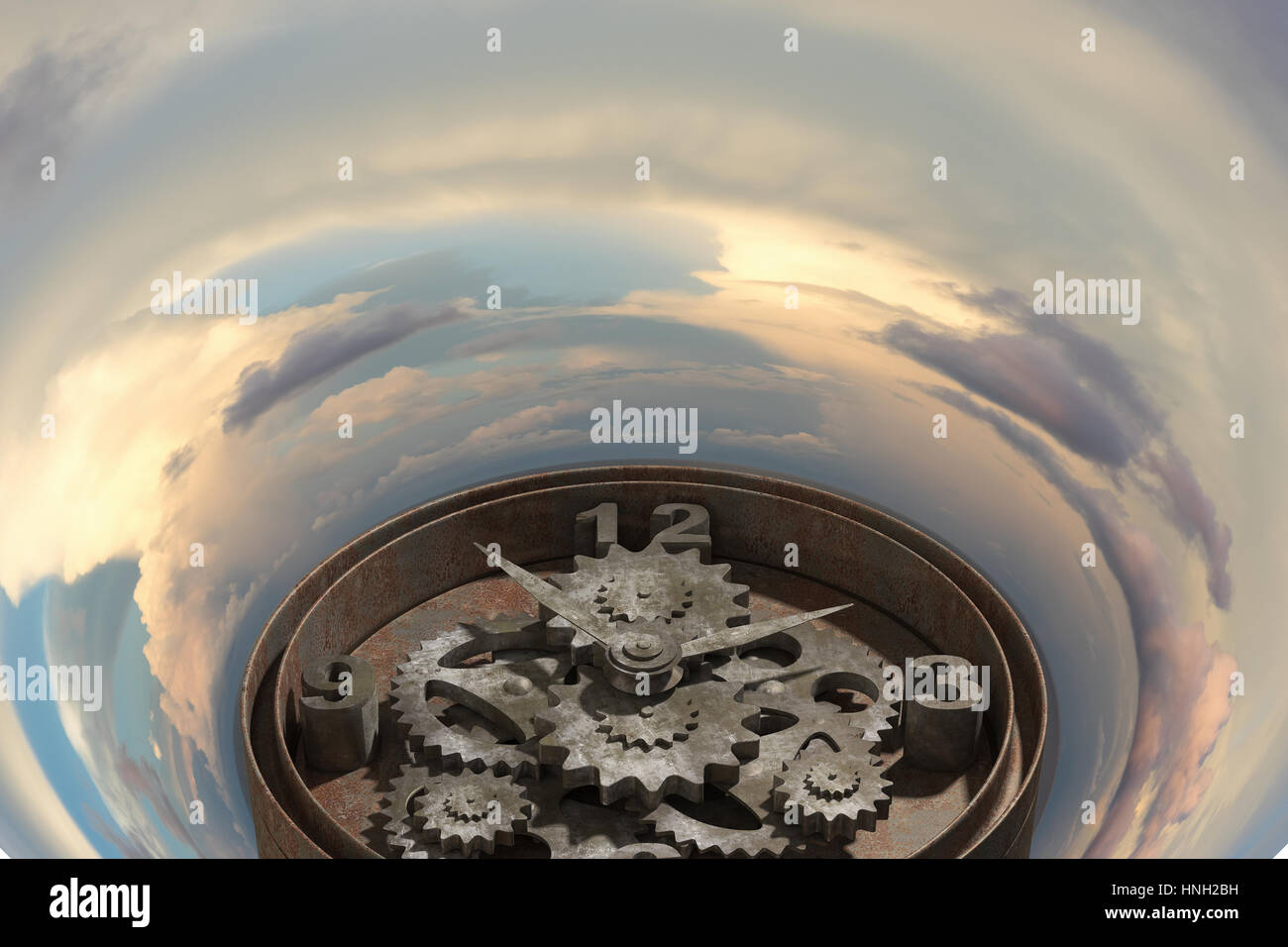 Time concept image with old clock mechanism against nature background ...