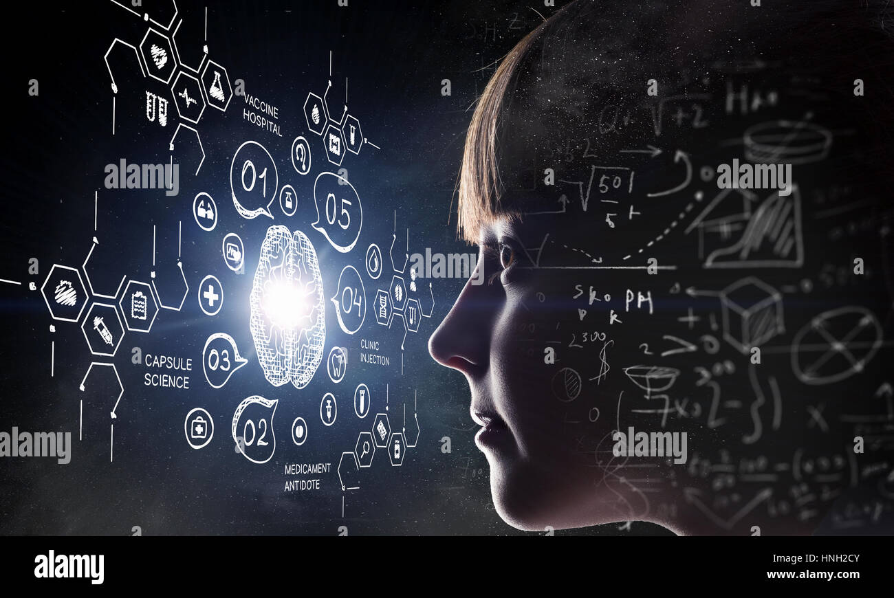 Profile of kid girl and science sketches at background Stock Photo - Alamy