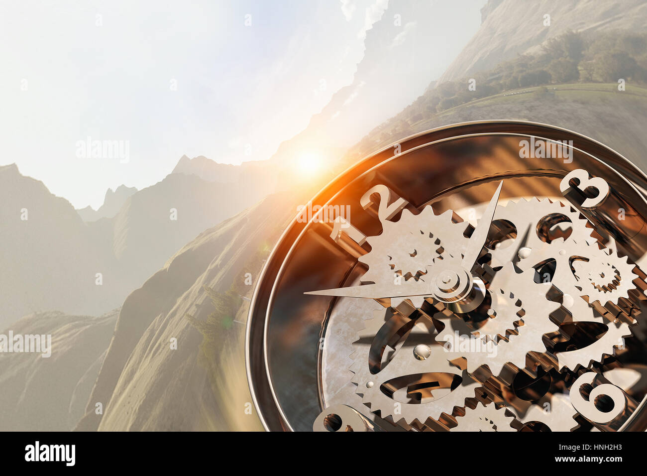 Time concept image with old clock mechanism against nature background ...