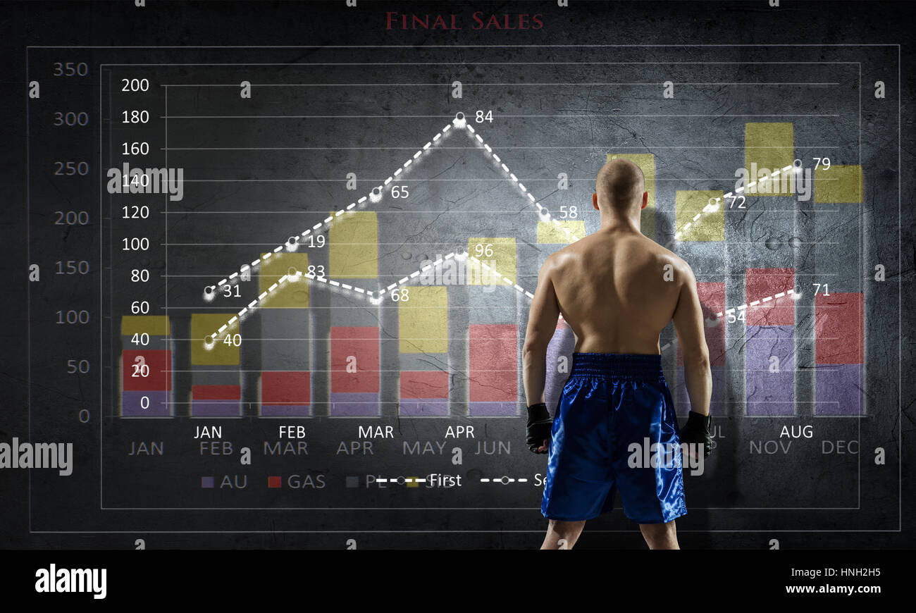 Young determined man boxing against graphs background. Mixed media ...
