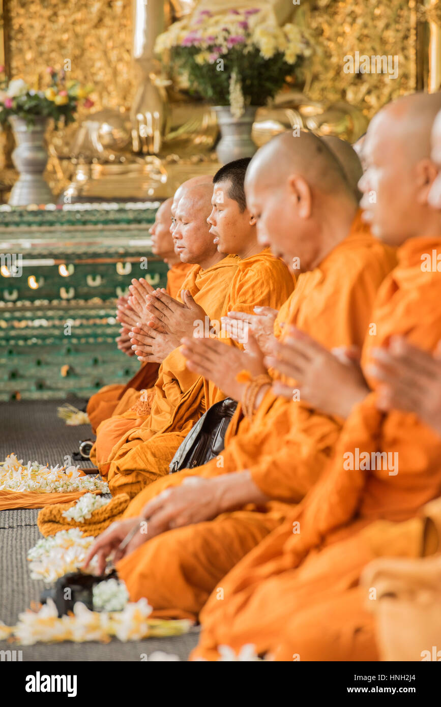 Buddhist monks in orange robes show great concentration praying in a ...