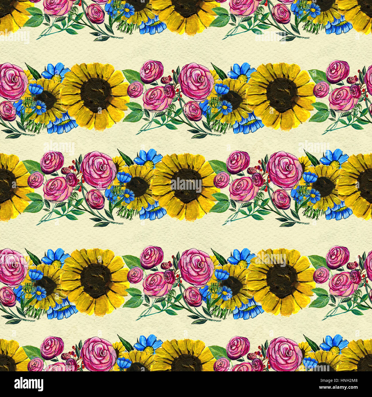 Seamless pattern with blue yellow and pink flowers Stock Photo - Alamy