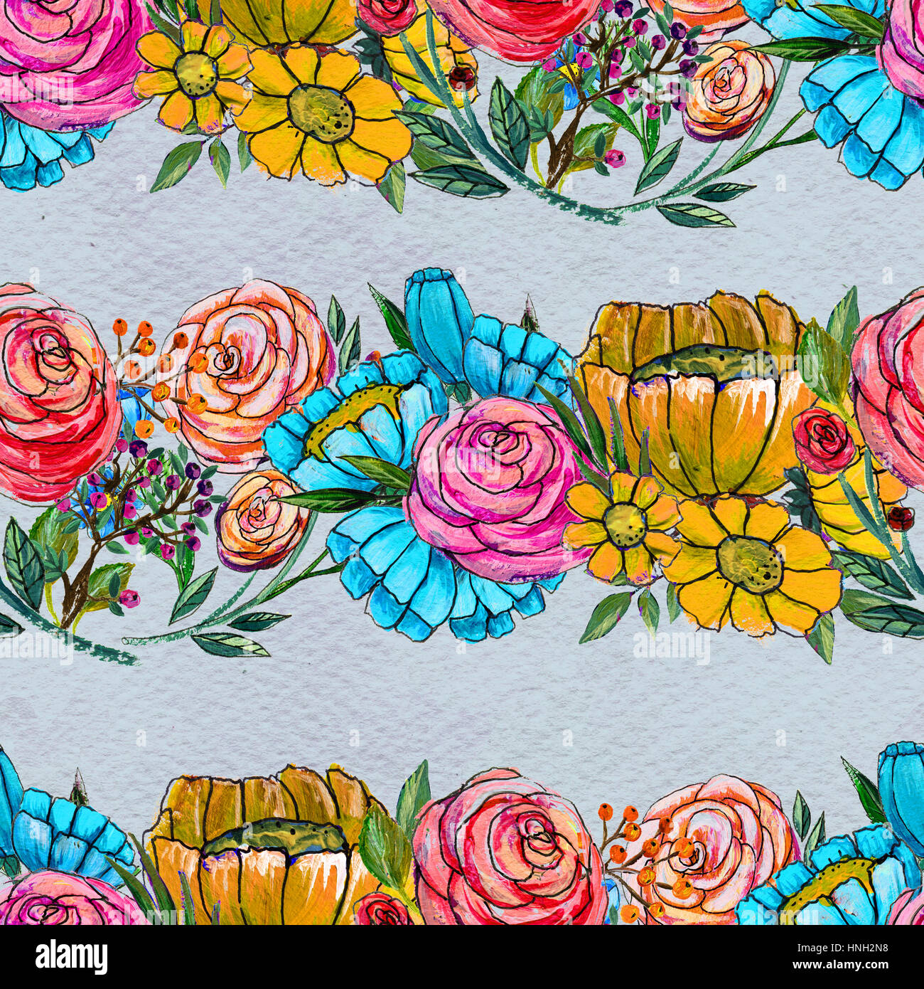 Seamless pattern with blue yellow and pink flowers Stock Photo - Alamy
