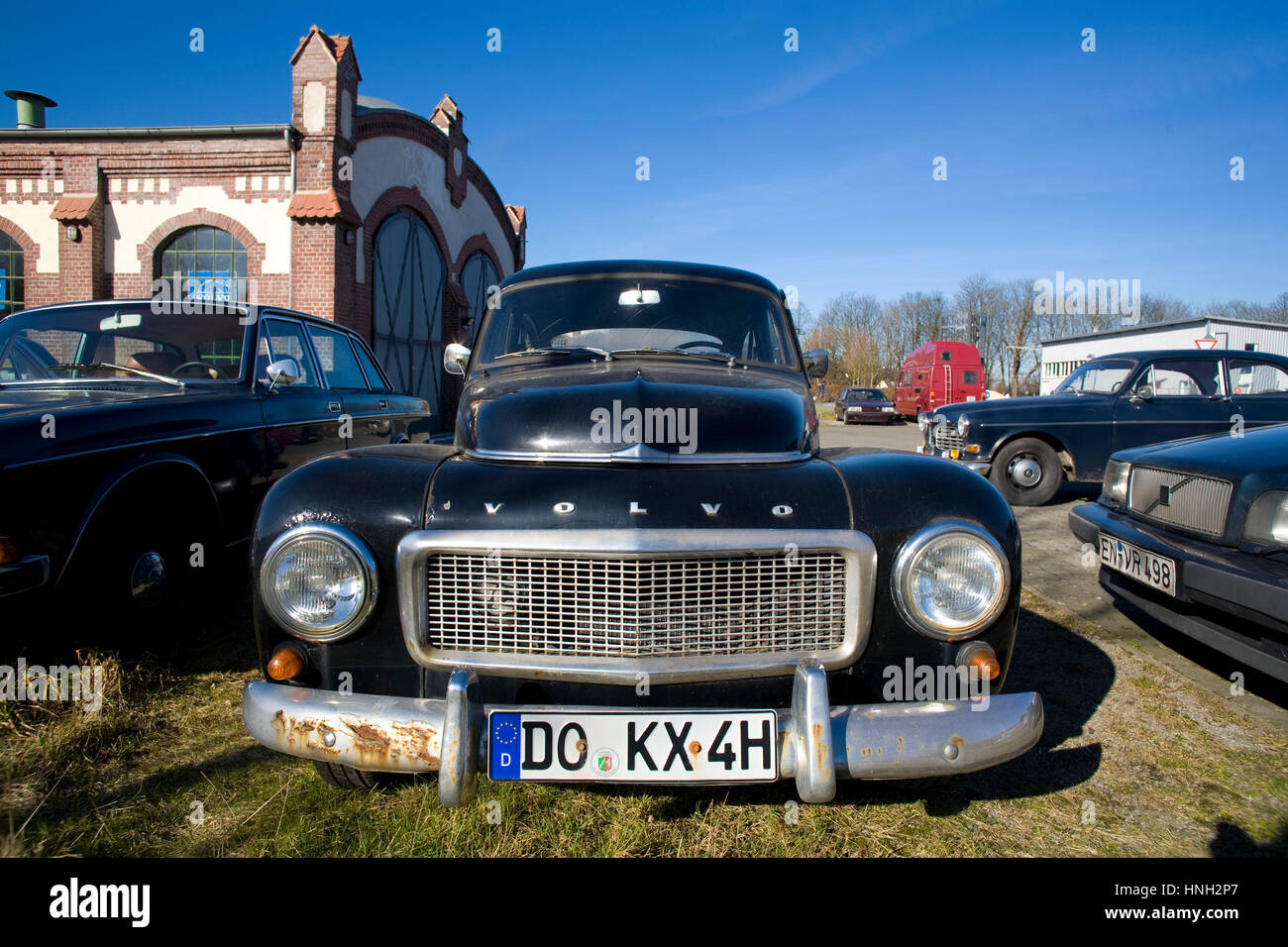 Germany, Waltrop, old Volvo PV 544 car in front of a building of the ...