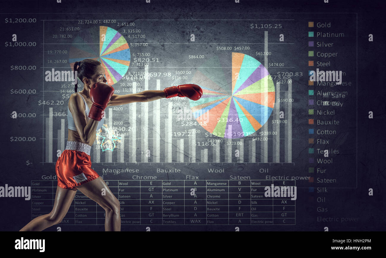Young woman boxing against graphs background. Mixed media Stock Photo ...
