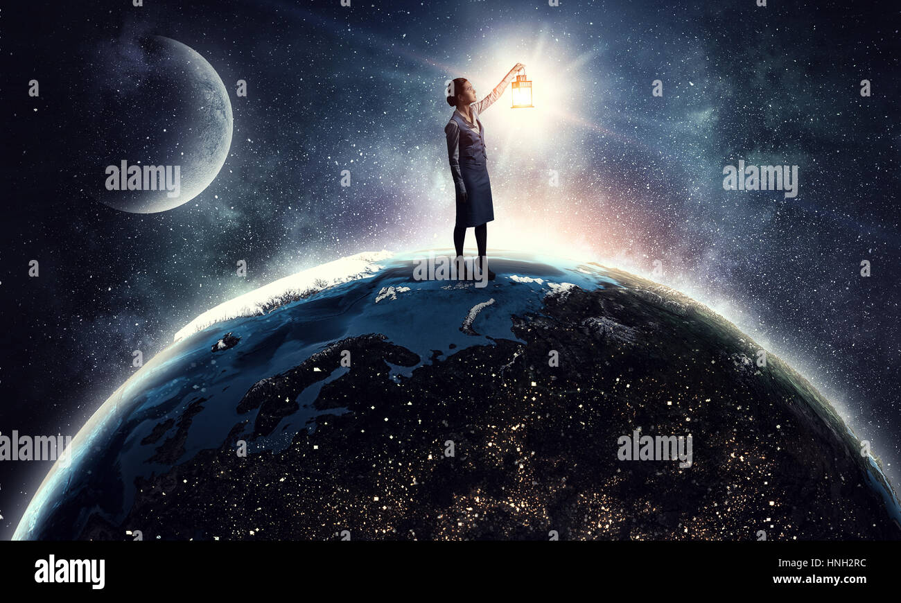 Silhouette of woman Earth planet in cosmos space. Elements of this ...