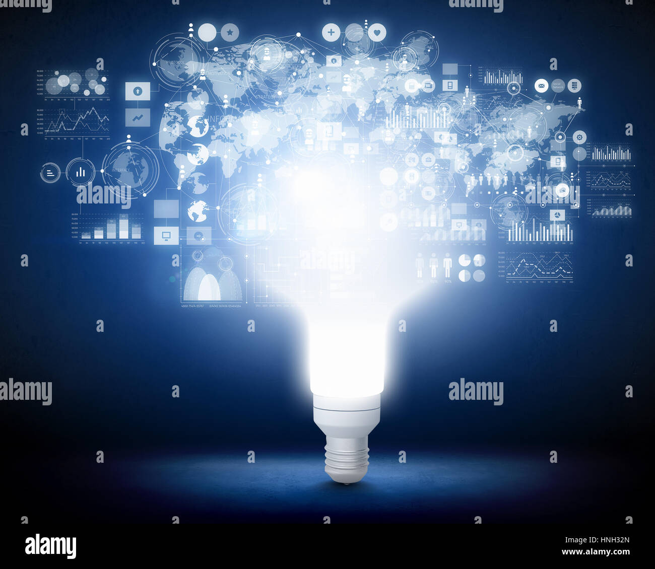 Glass glowing light bulb with connection concept on dark background ...