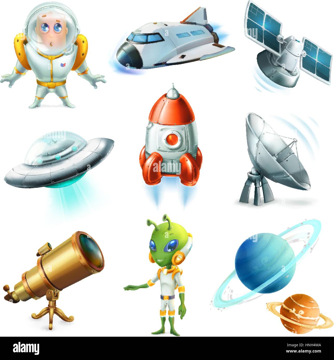 Space, spaceship, planet, spaceman, ufo and satellite. 3d vector icon ...