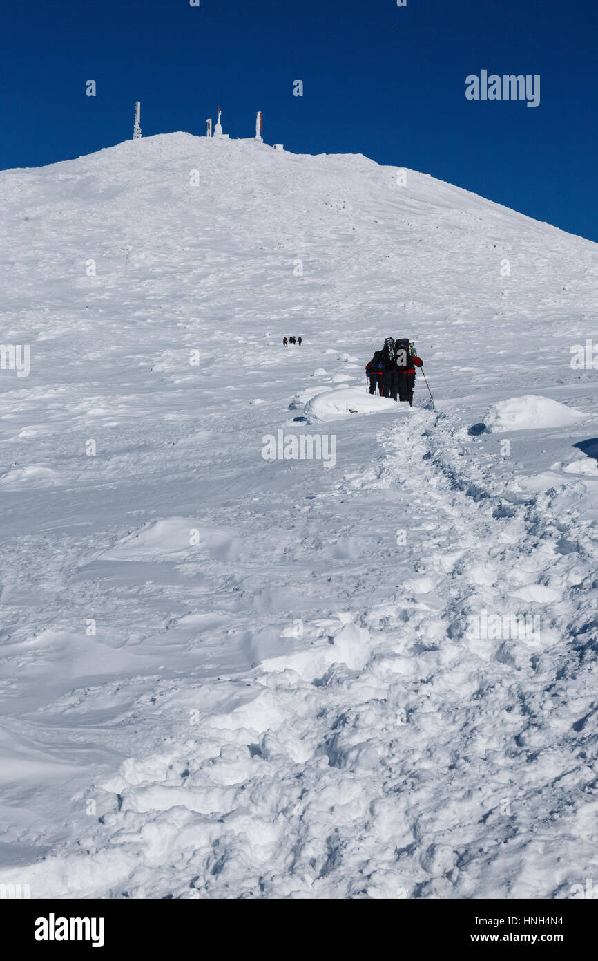 A group of winter hikers use the Crawford Path (Appalachian Trail) to ...