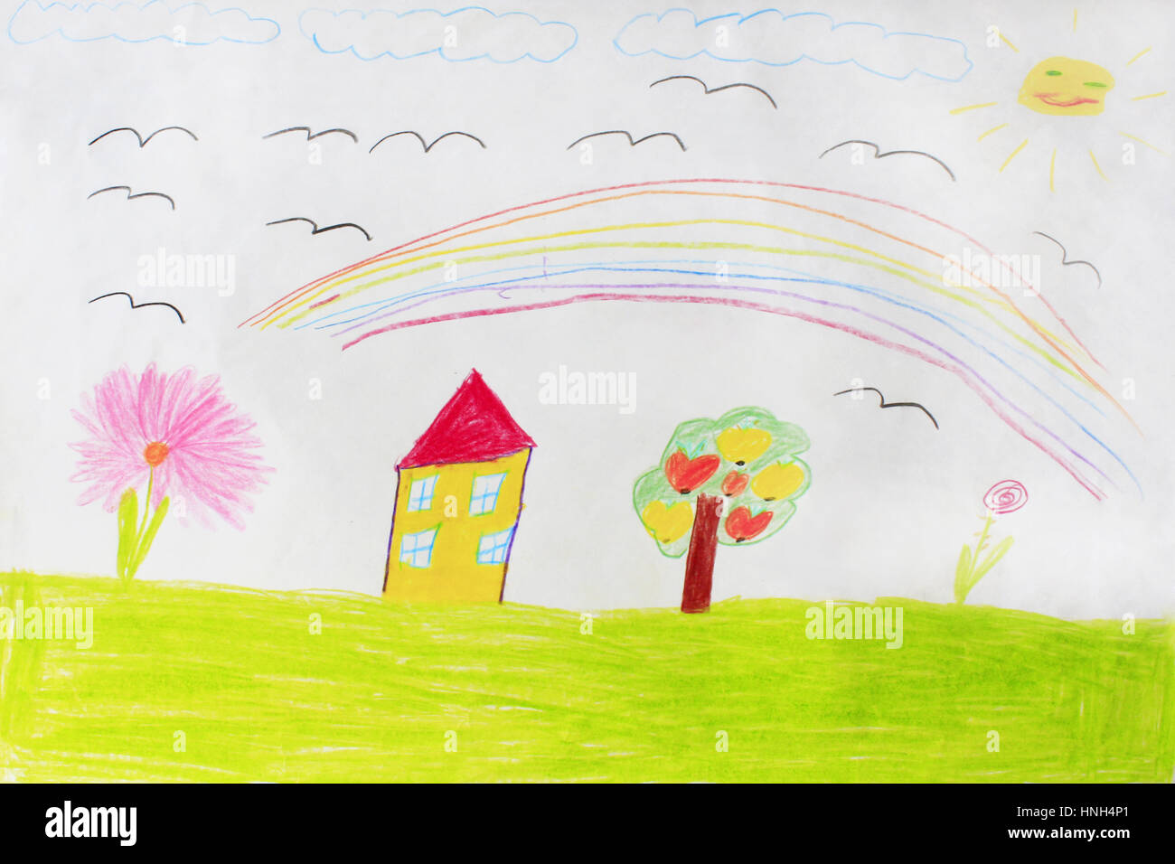 childish drawing of house tree and rainbow in summer Stock Photo - Alamy