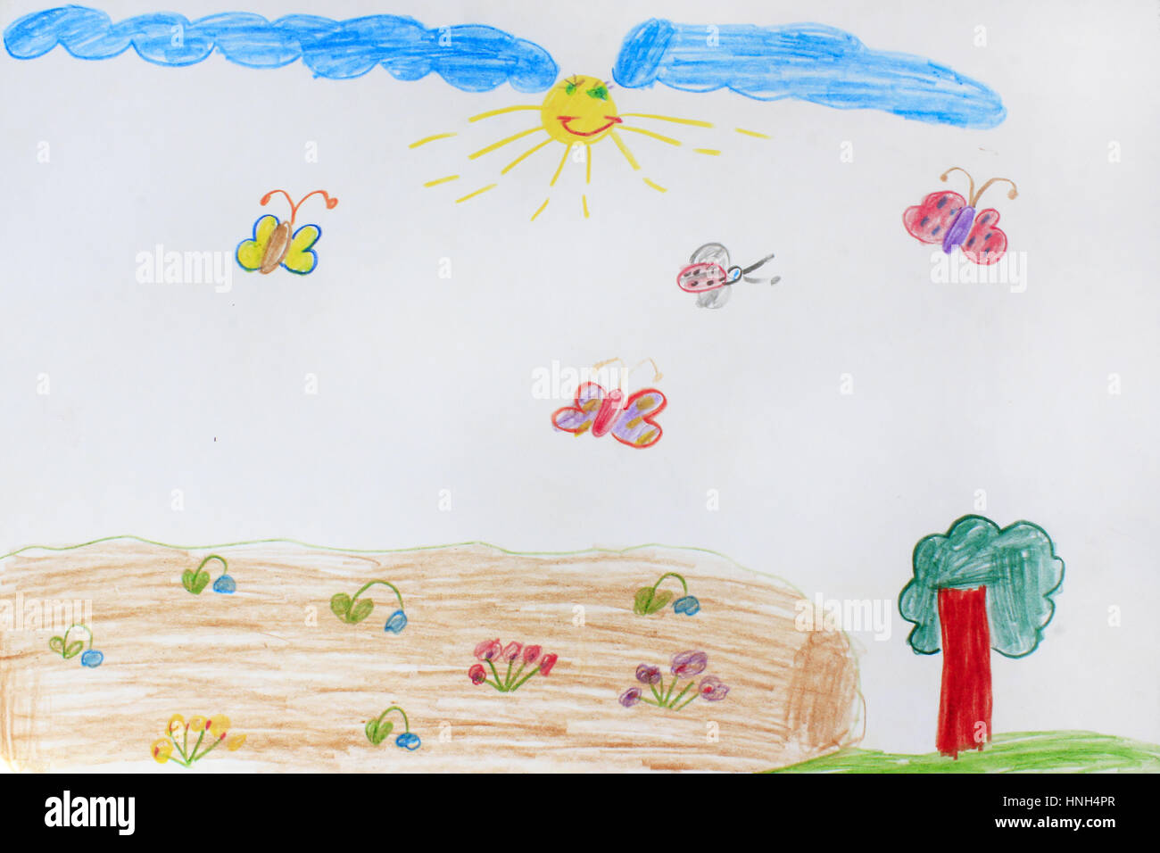 childish drawing of tree and multicolored flying butterflies Stock ...
