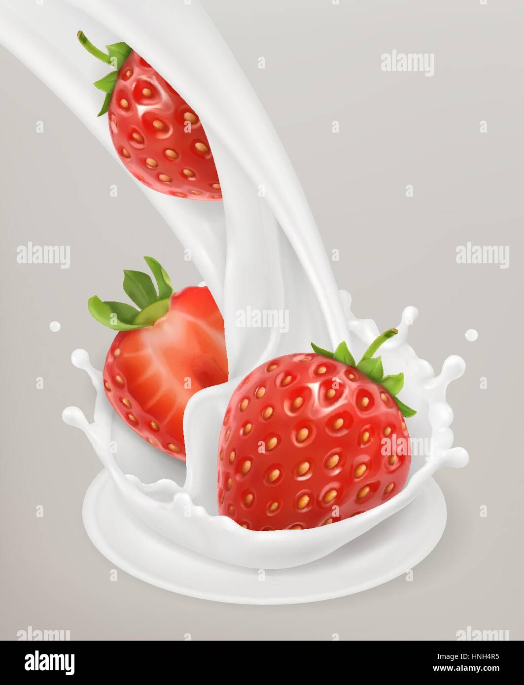 Milk splash and strawberry. 3d vector object. Natural dairy products ...