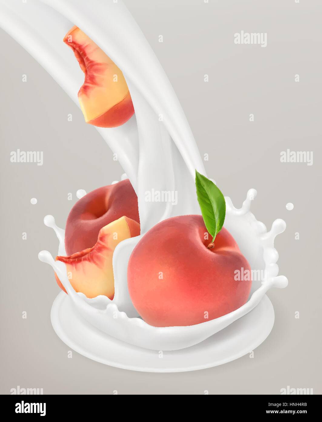 Milk splash and peach. 3d vector object. Natural dairy products Stock ...