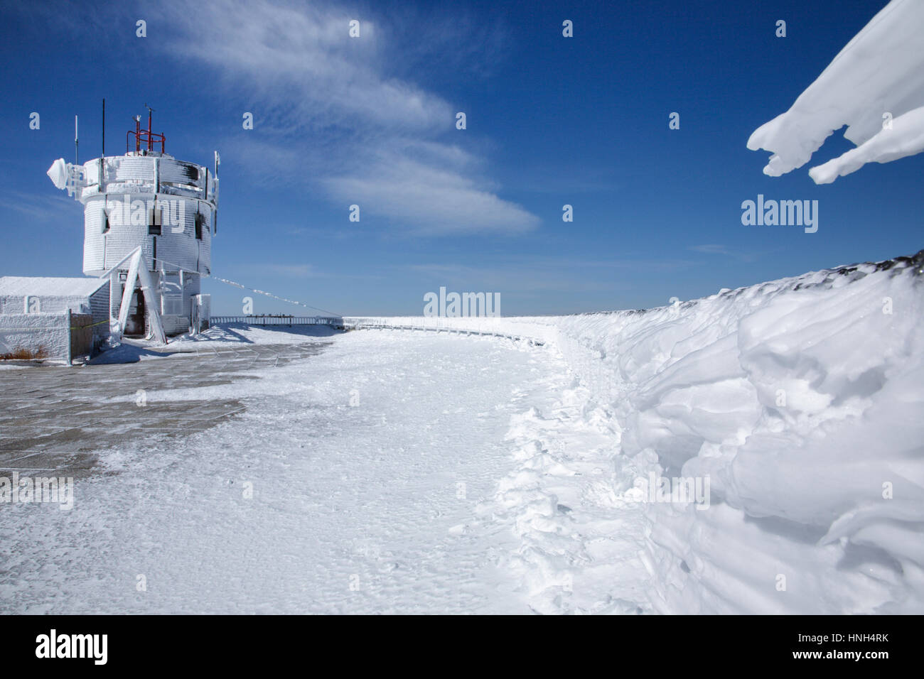 Rime ice on the summit of Mount Washington in the White Mountains, New ...