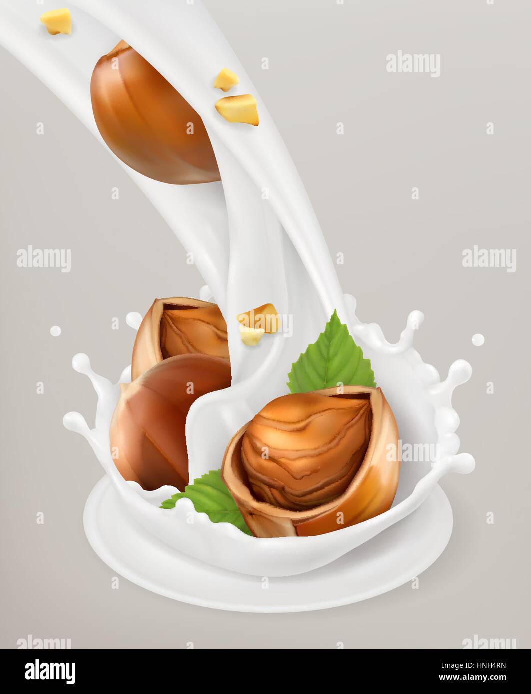 Milk splash and hazelnuts. 3d vector object. Natural dairy products ...