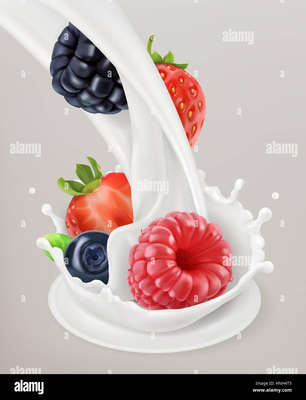 Milk splash and berry. 3d vector object. Natural dairy products Stock ...