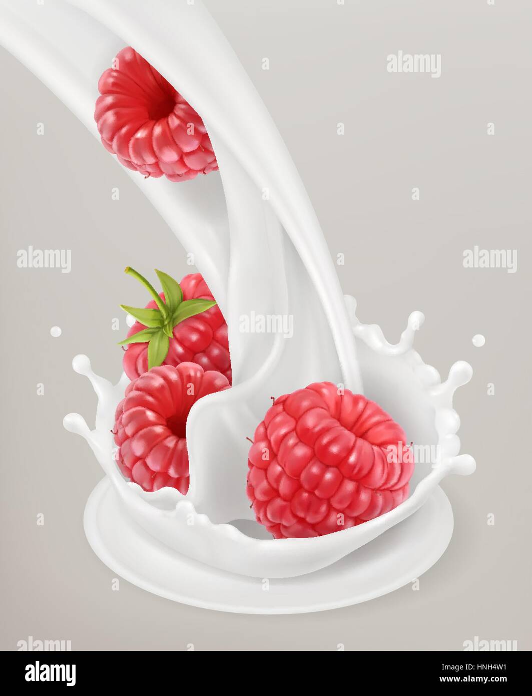 Milk splash and Raspberries. 3d vector object. Natural dairy products ...