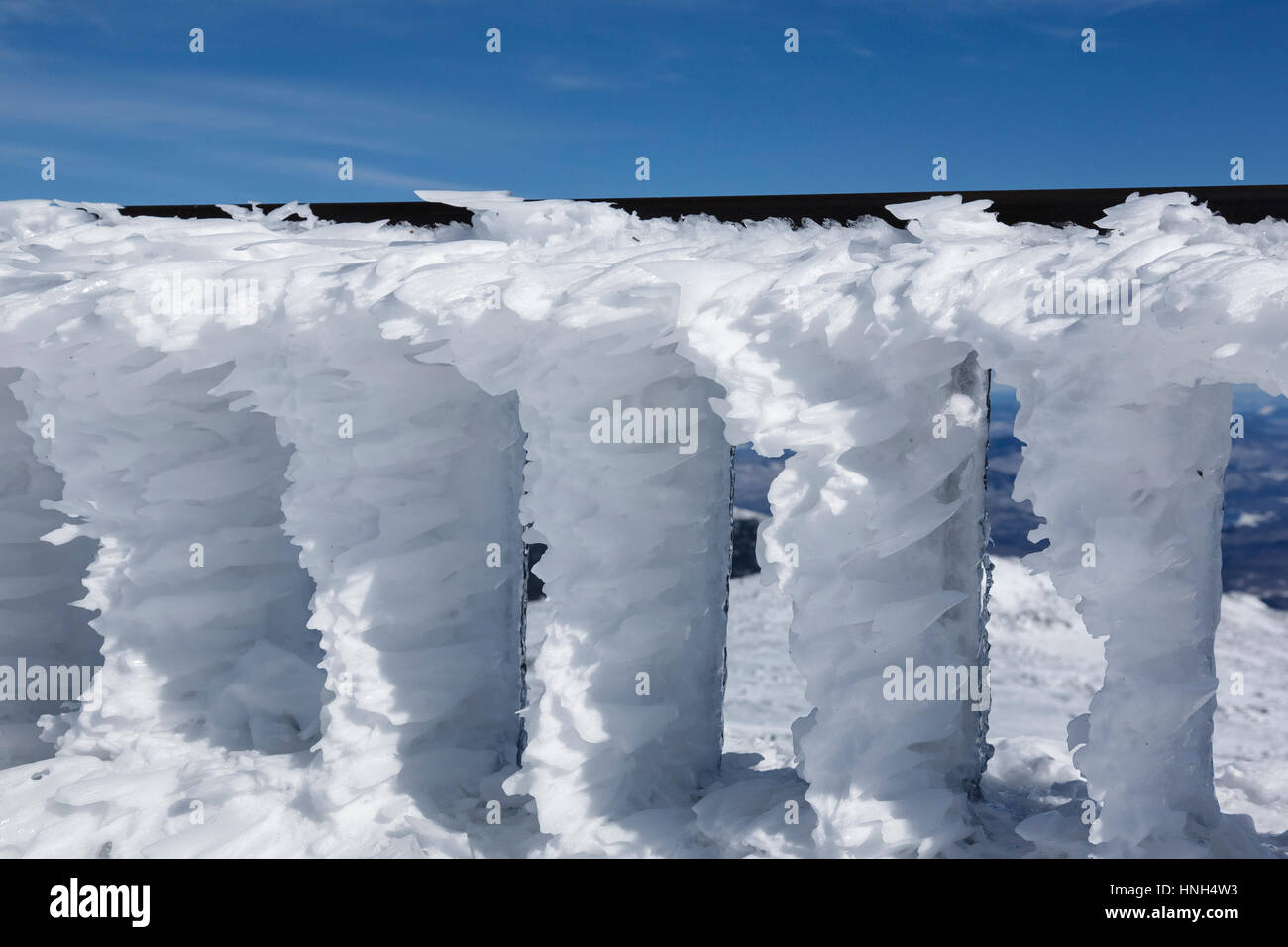 Rime ice on the summit of Mount Washington in the White Mountains, New ...