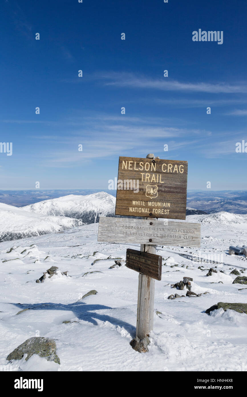 Nelson Crag Trail sign on the summit of Mount Washington in the White ...