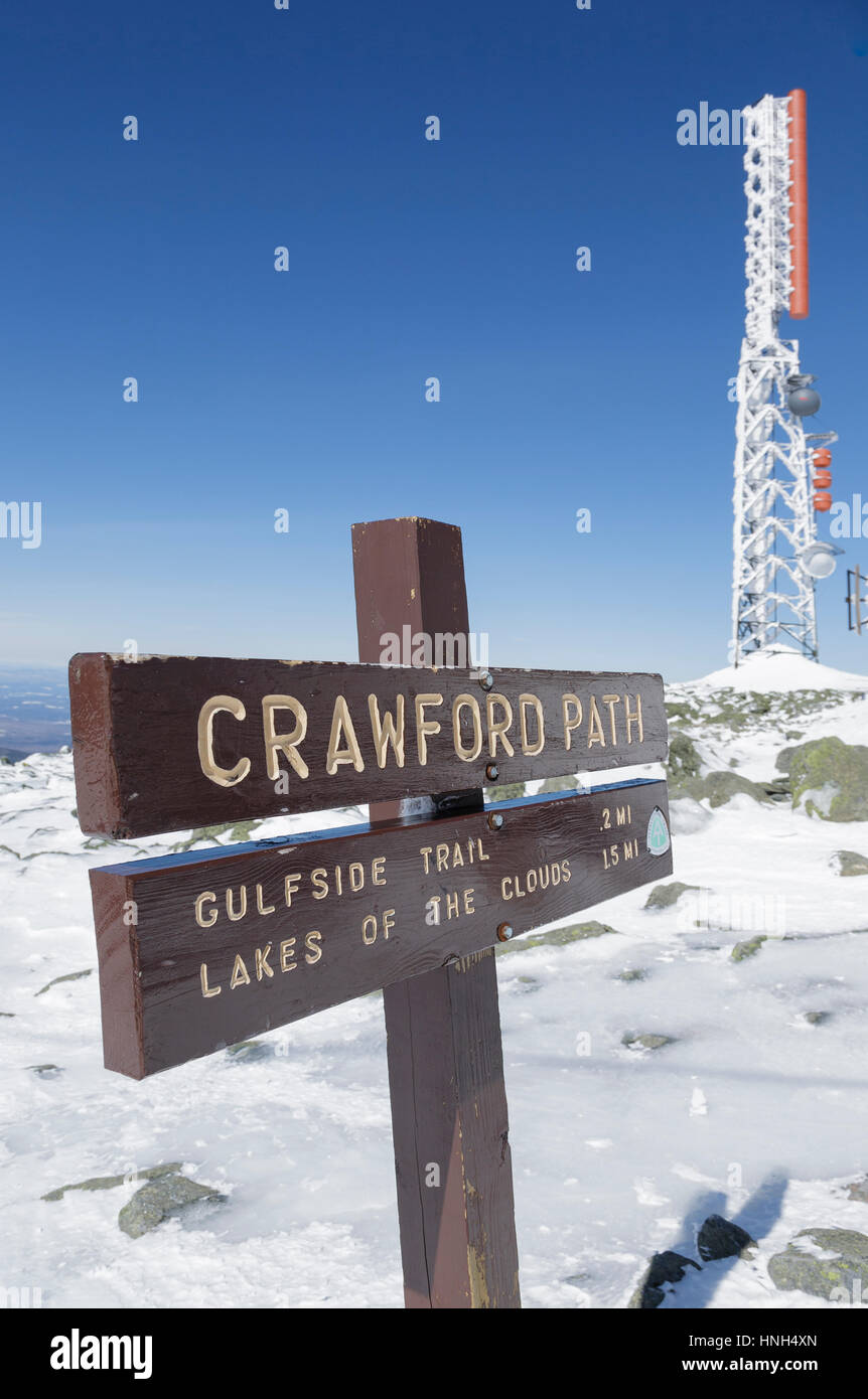 Crawford Path sign on the summit of Mount Washington in the White ...