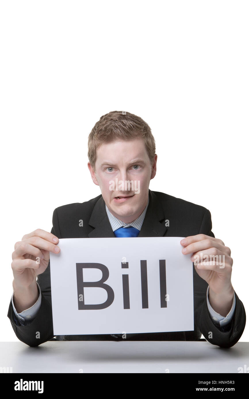 business man holding a paper sign with the word bill written on it ...