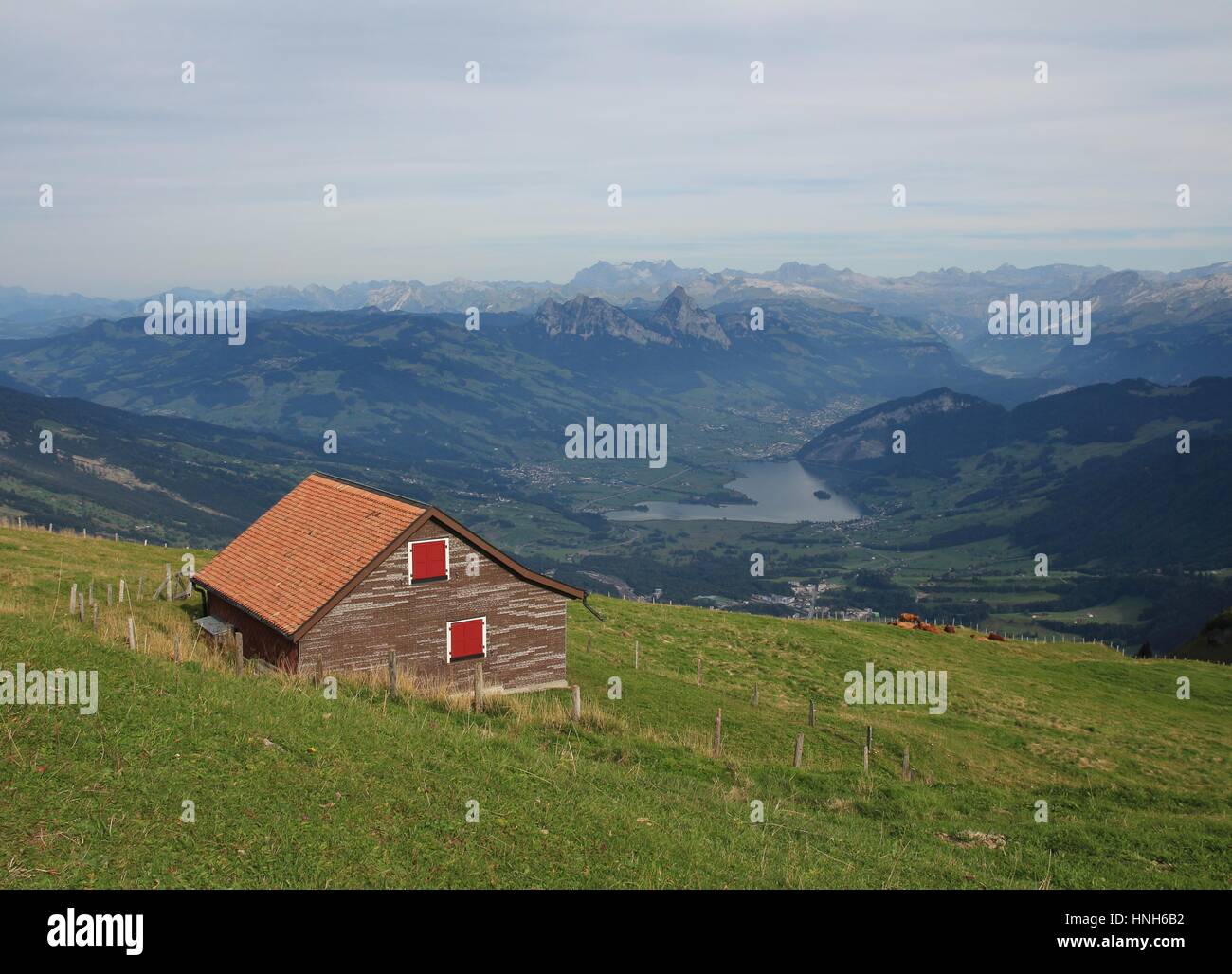 Summer day on mount Rigi. View of lake Lauerzersee and mount Mythen ...