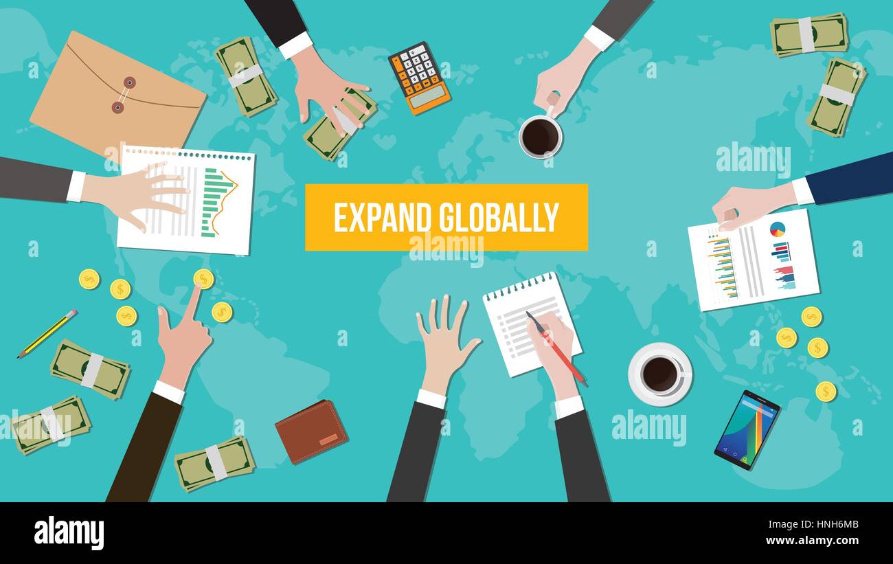 expand globally concept discussion illustration with paperworks, money ...