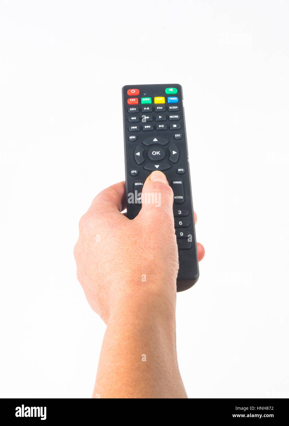 hand holding a remote control on white background Stock Photo - Alamy