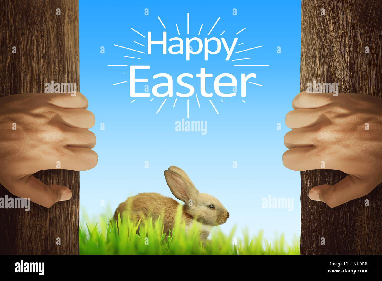 People hand opening wooden door with easter bunny and happy easter ...