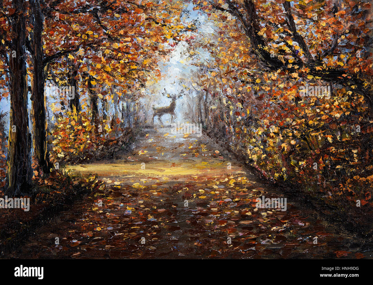 Original oil painting of beautiful park or forest on canvas.Deer at the ...