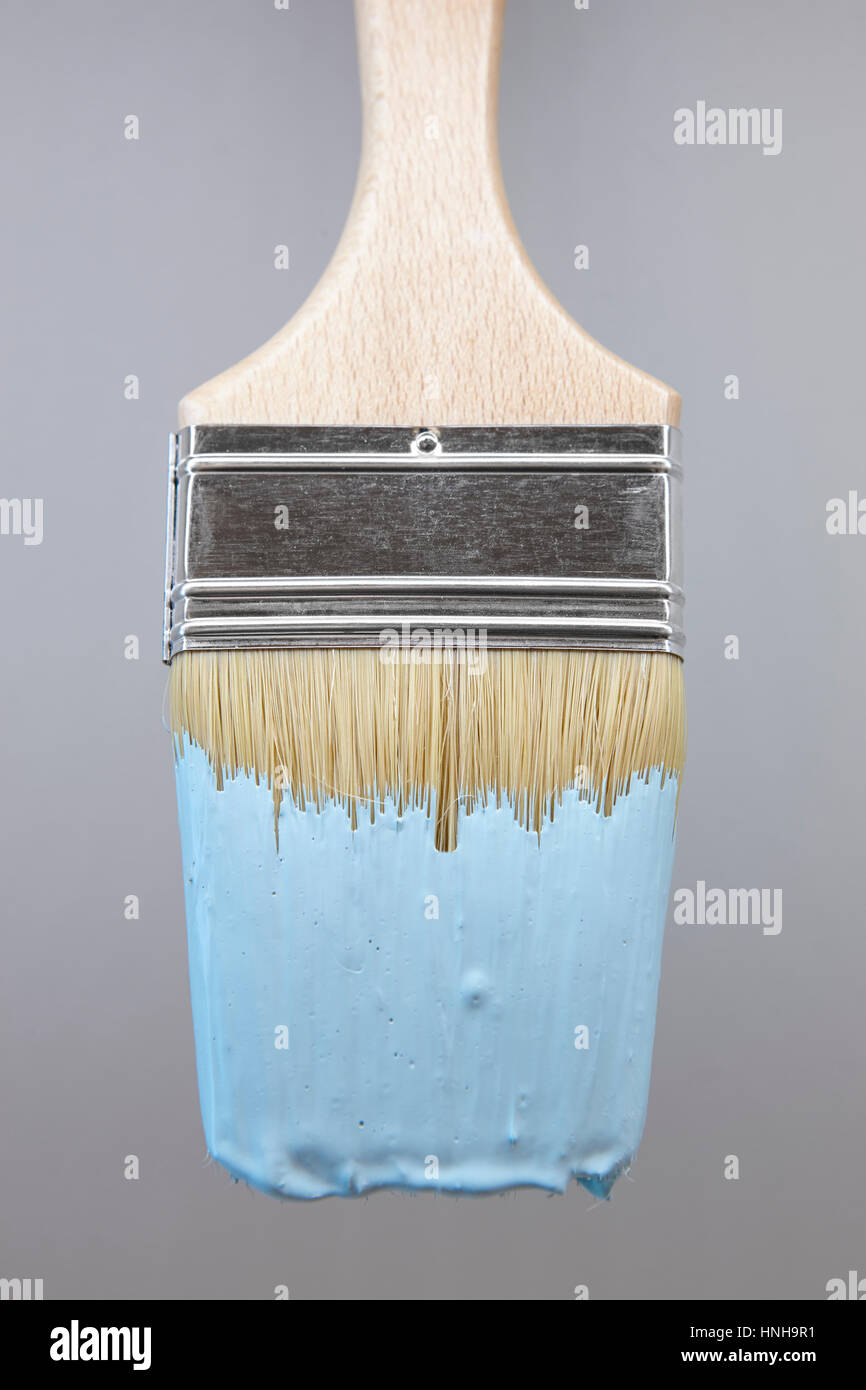 Paintbrush with blue paint and gradient grey background. Vertical Stock ...