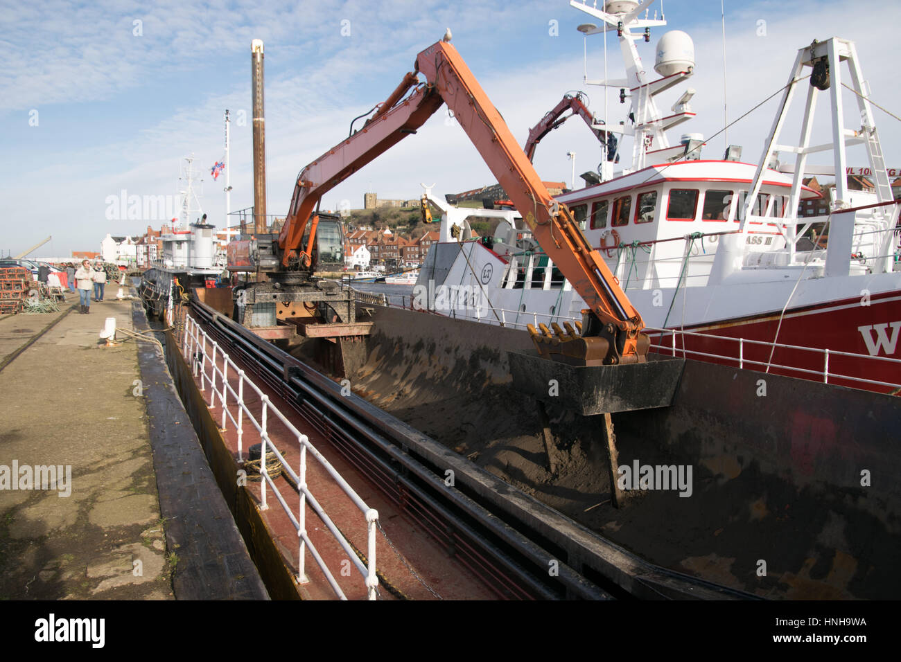 Dredger moored at Whitby harbour# Stock Photo - Alamy