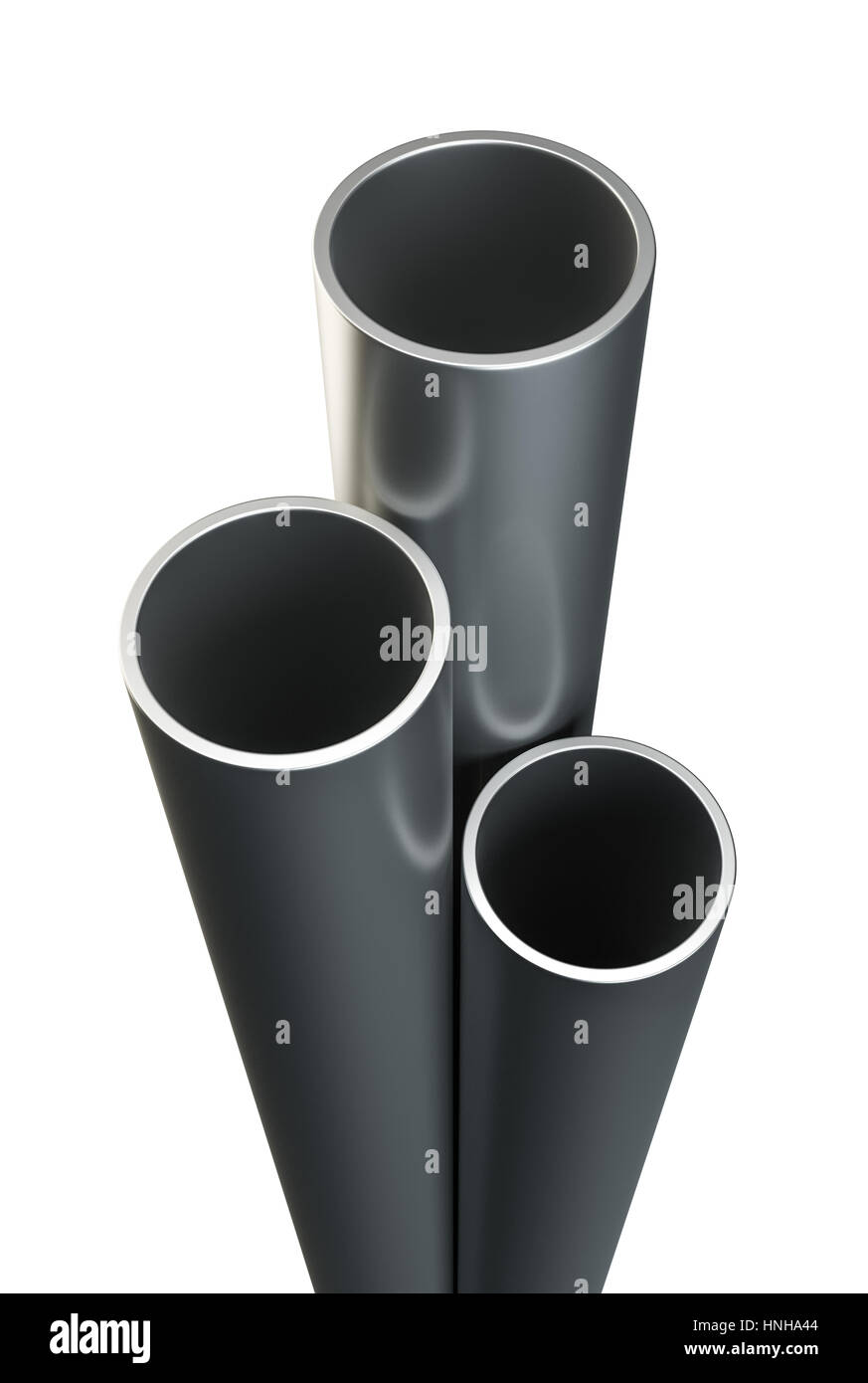 Three metal pipes on white background Stock Photo - Alamy