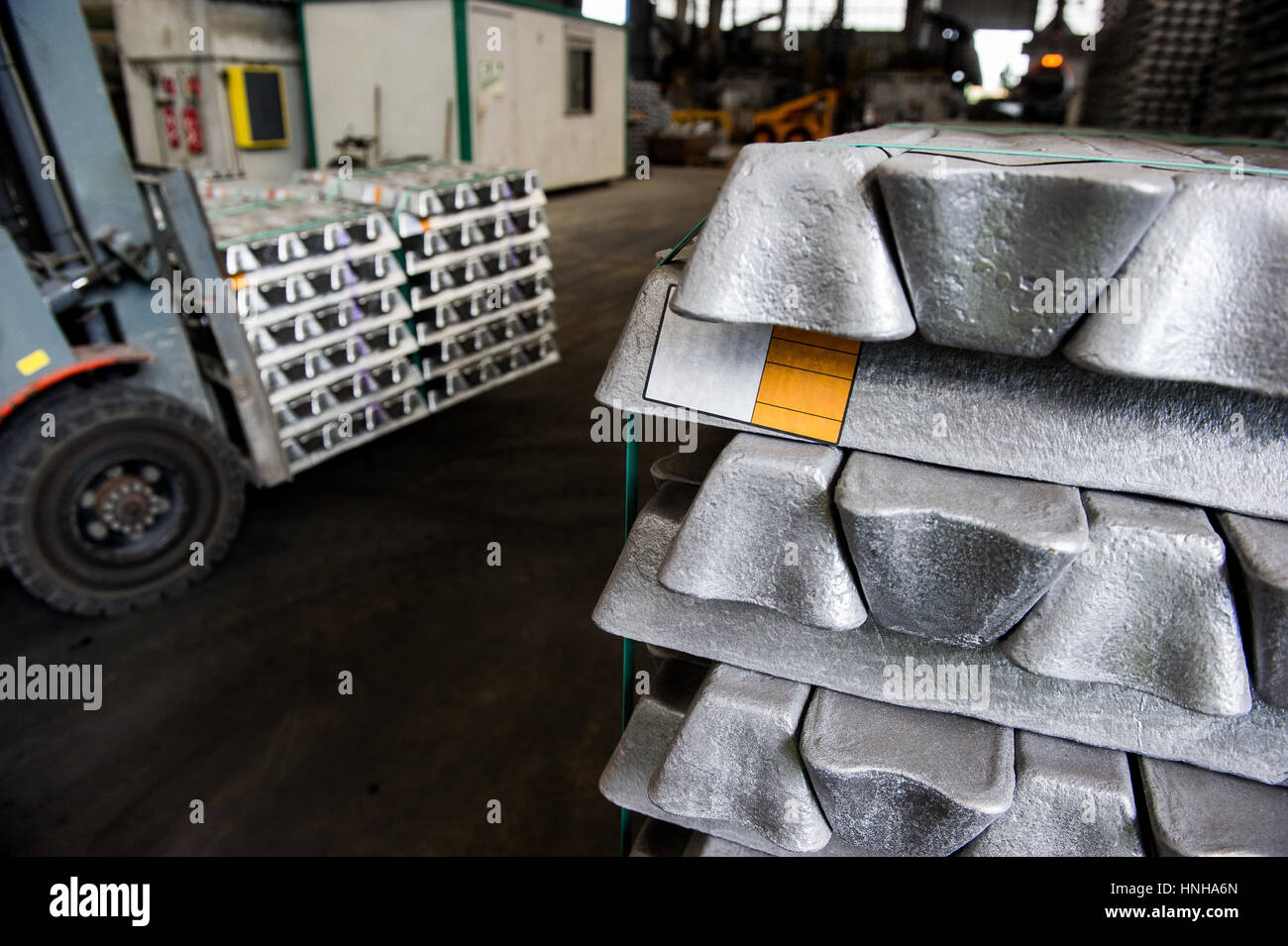 Stack of raw aluminum ingots in aluminum profiles factory, France Stock ...