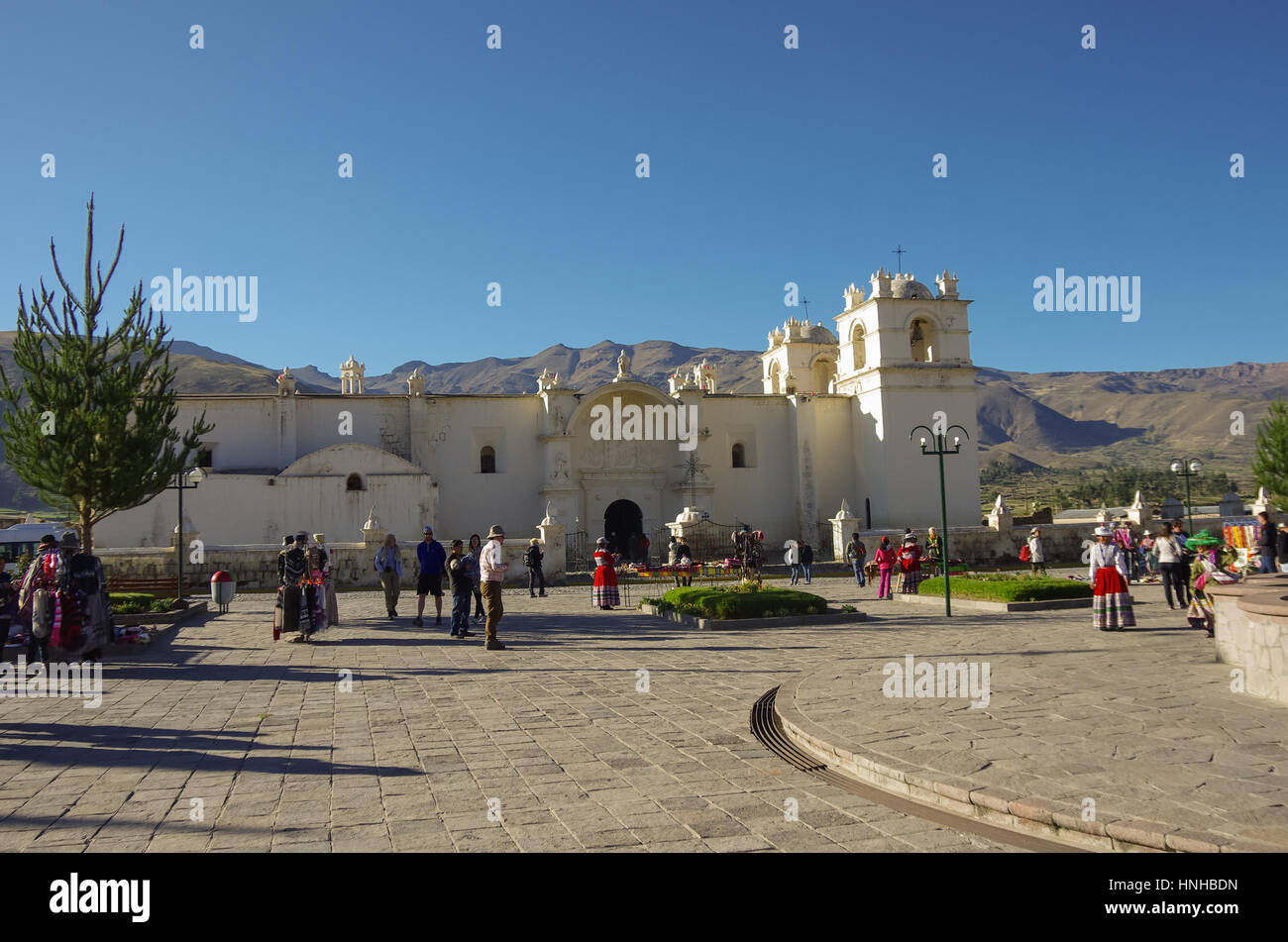 Yanque, Peru - January 2, 2014: Main square and Church of the ...