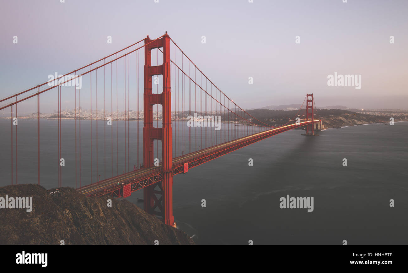 Classic panoramic view of famous Golden Gate Bridge seen from Battery ...